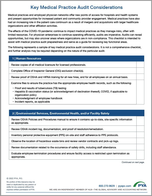 PYA Resource: Key Medical Practice Audit Considerations Checklist - PYA
